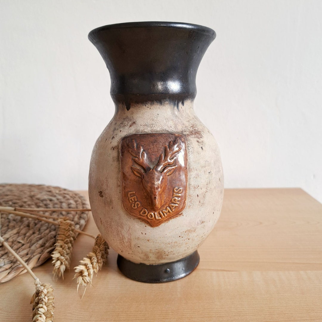 Vintage Brown Pottery Vase With Deer / Unique Clay Animal Vase / Small ...