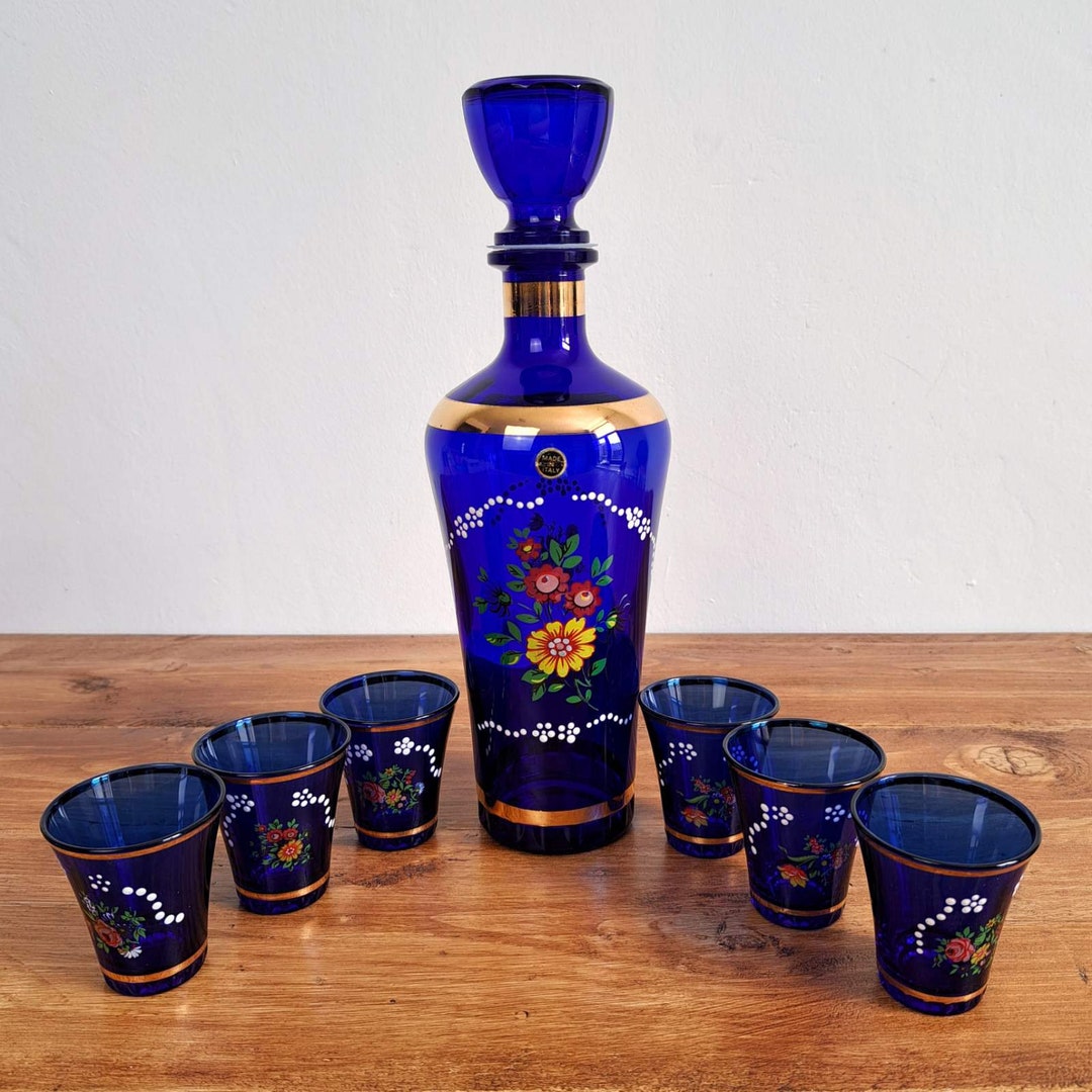 Vintage Cobalt Blue Glass Decanter Set, Hand-painted Floral Design ...