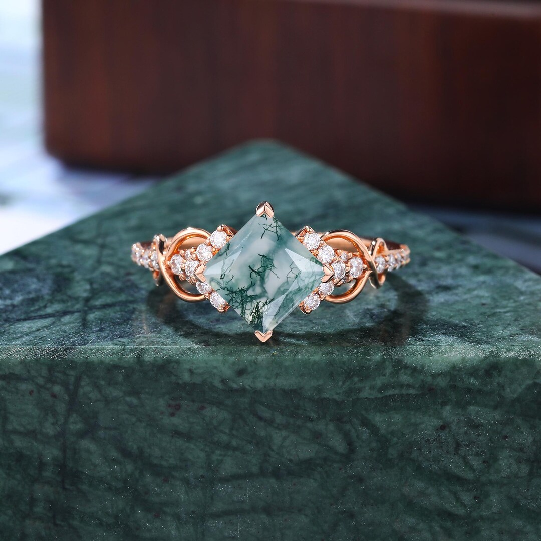 Princess Cut Moss Agate Rose Gold Engagement Ring, Moissanite Accents ...