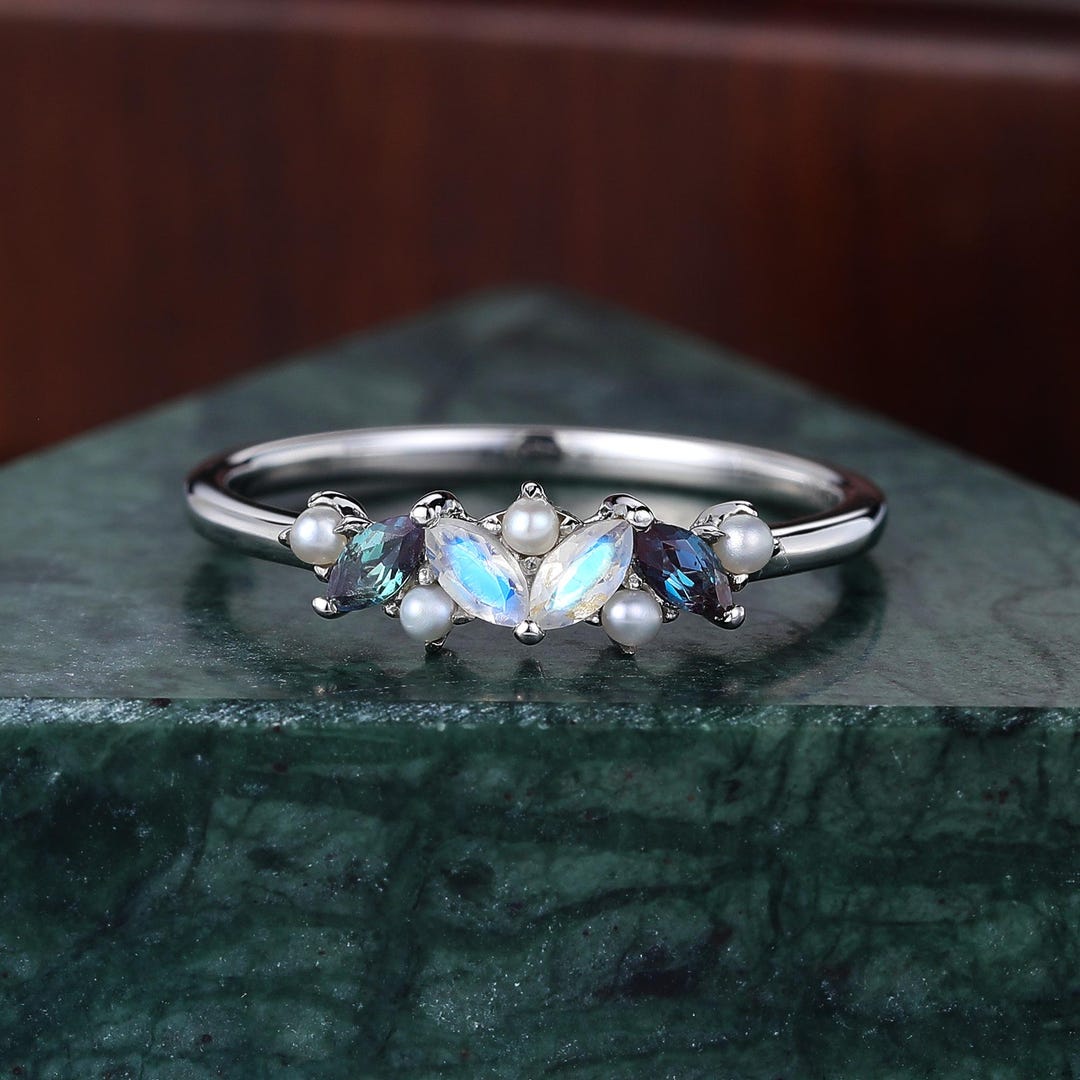 Moonstone Lab Alexandrite Cluster Ring: Pearl White Gold Wedding Band ...