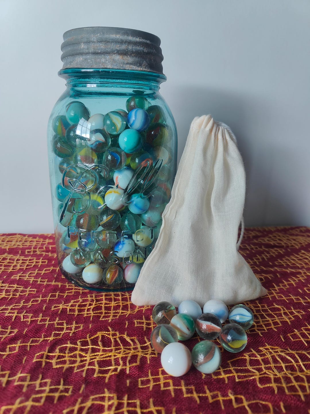 Old Vintage Glass Marbles - Set of 10 Antique Toy Marbles in Linen Bag ...