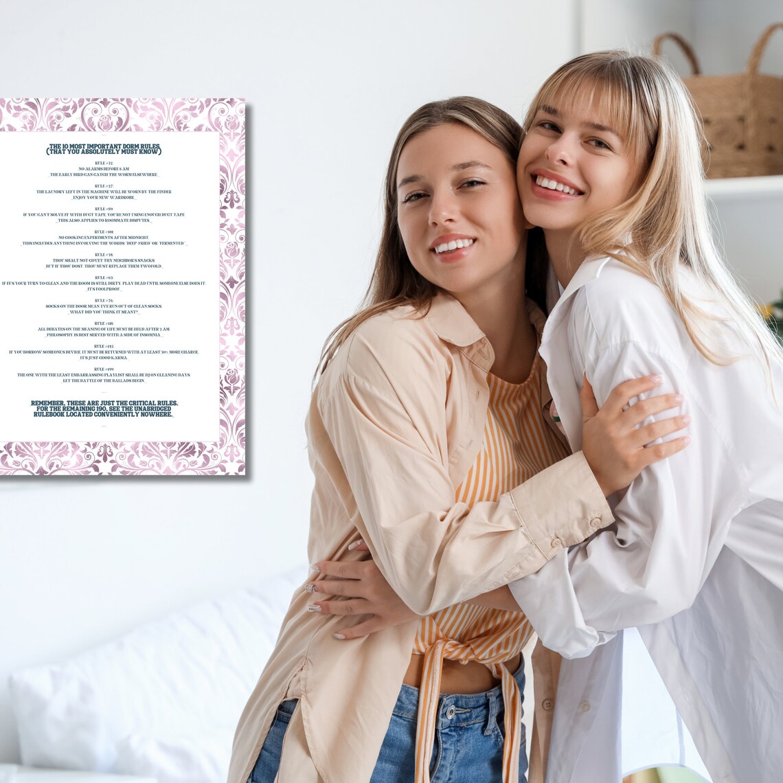 Dorm Room Poster Dorm Rules Poster With Purple Lacework Design Funny ...