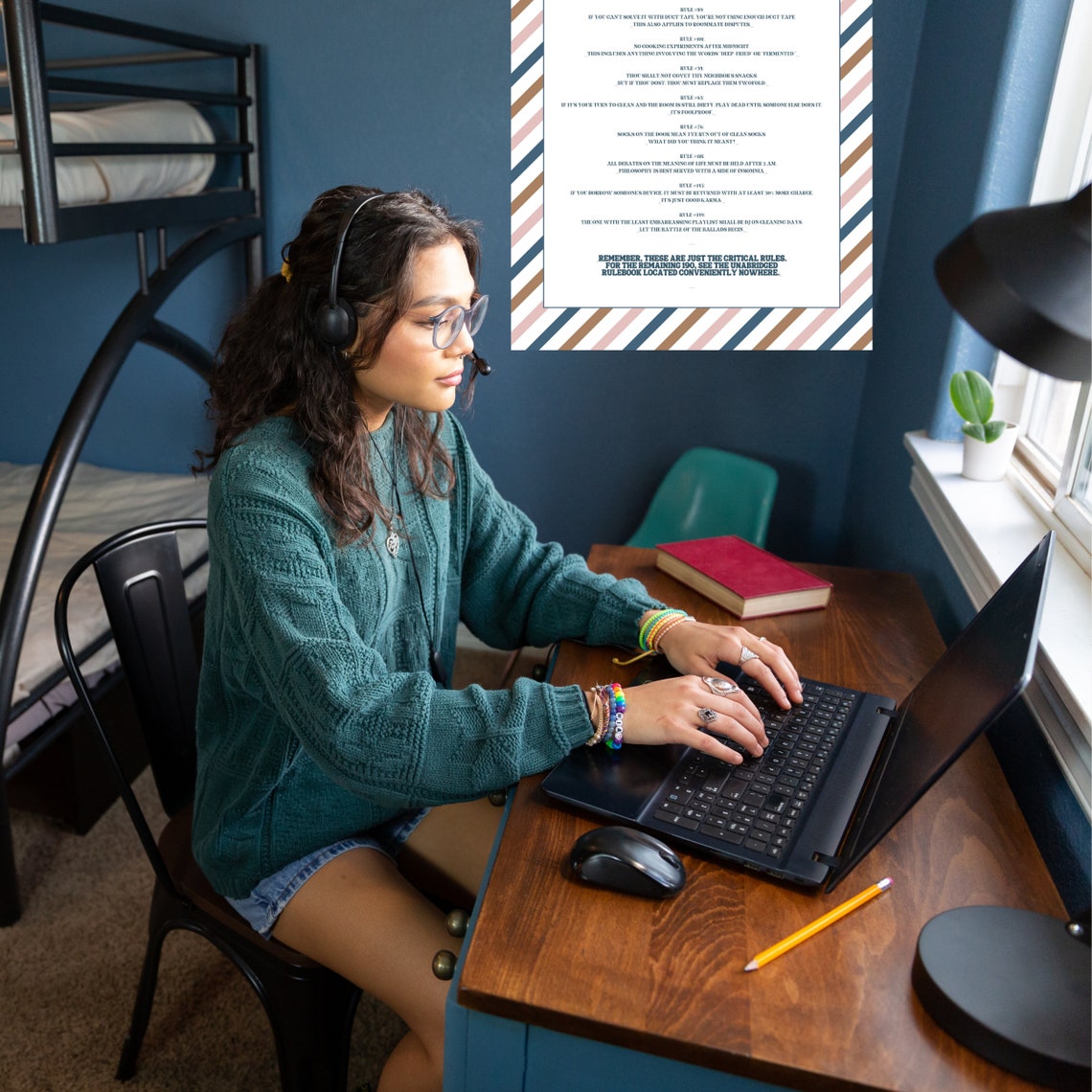 Dorm Poster Retro Stripes Dorm Rules Poster Navy Neutral Fun Rules ...