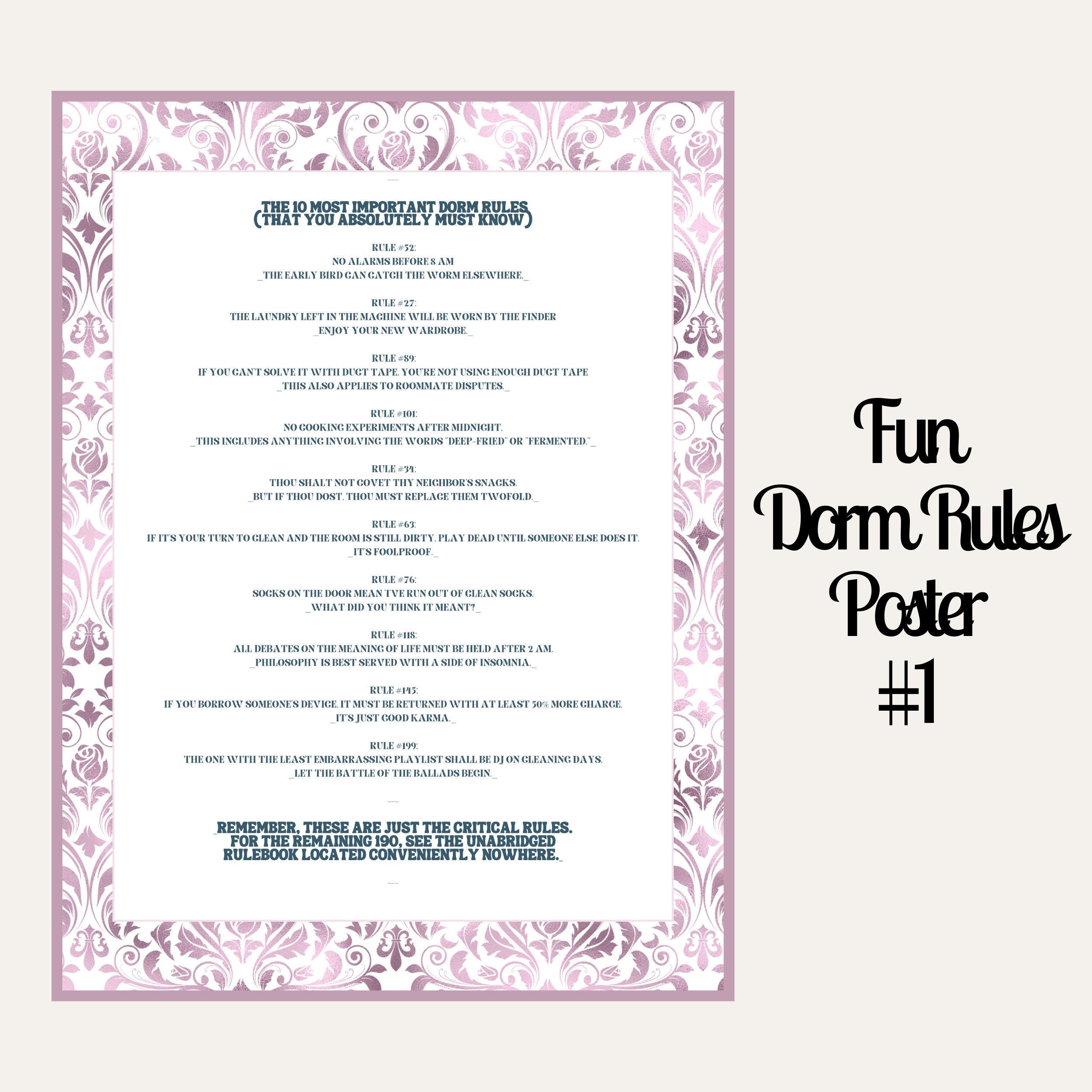 Dorm Room Poster Dorm Rules Poster With Purple Lacework Design Funny ...