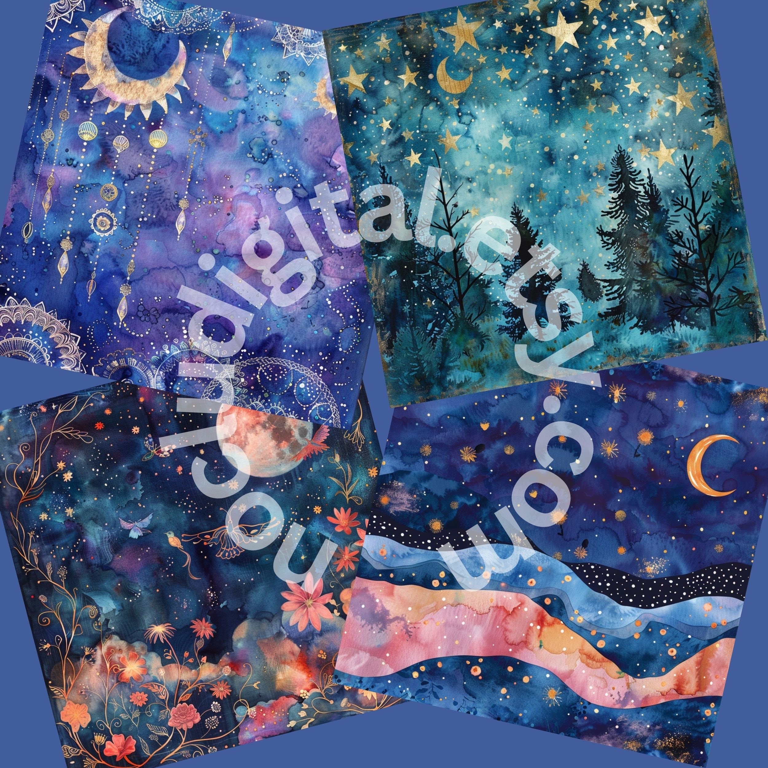 Blue Starry Night Digital Paper Pack Celestial Patterns Junk Journal ...