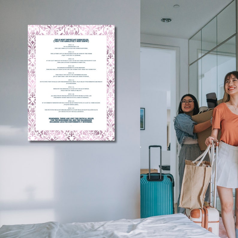 Dorm Room Poster Dorm Rules Poster With Purple Lacework Design Funny ...