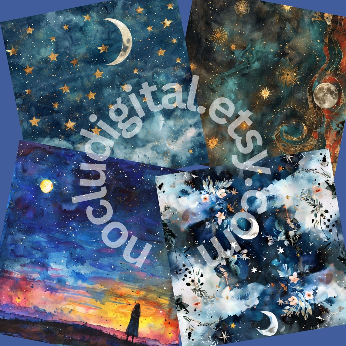 Blue Starry Night Digital Paper Pack Celestial Patterns Junk Journal ...