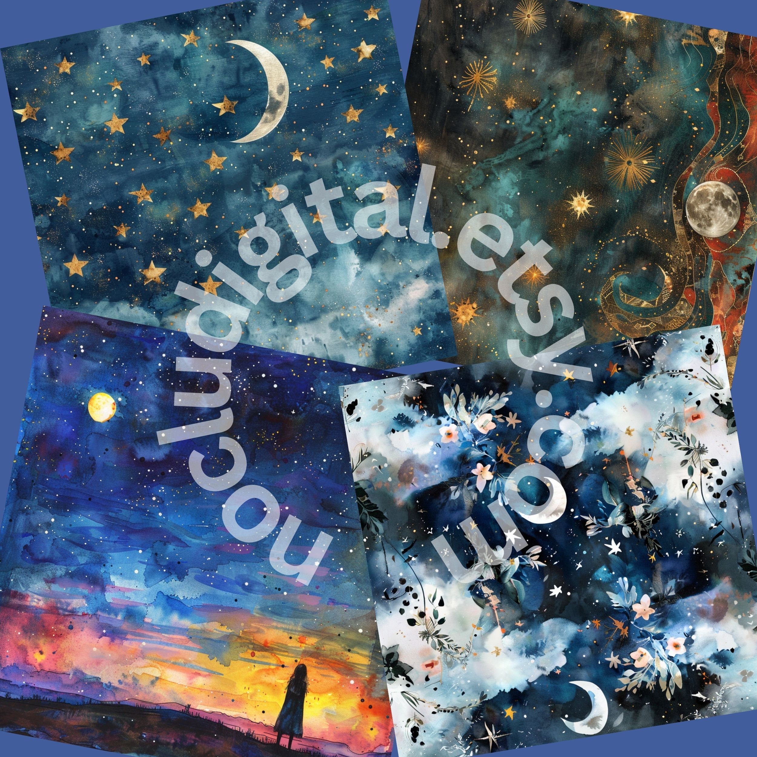 Blue Starry Night Digital Paper Pack Celestial Patterns Junk Journal ...