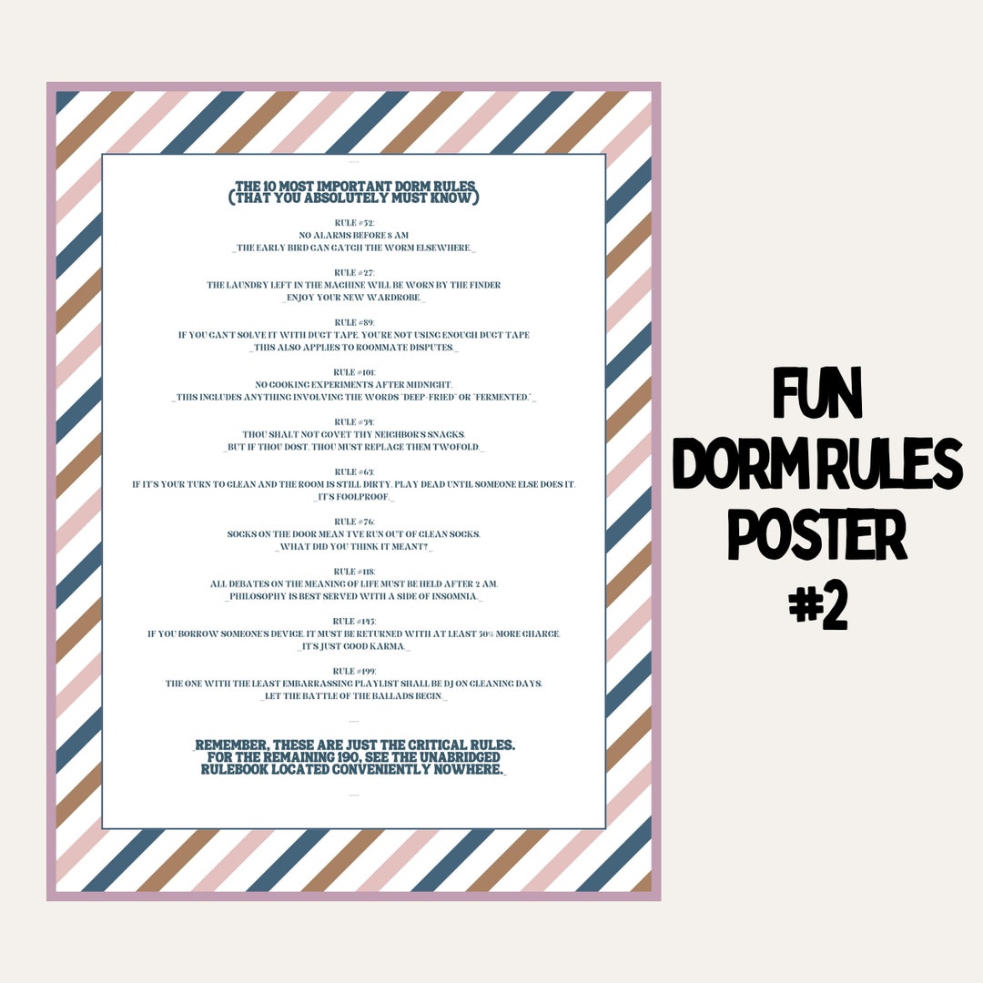 Dorm Poster Retro Stripes Dorm Rules Poster Navy Neutral Fun Rules Digital Print Humorous ...