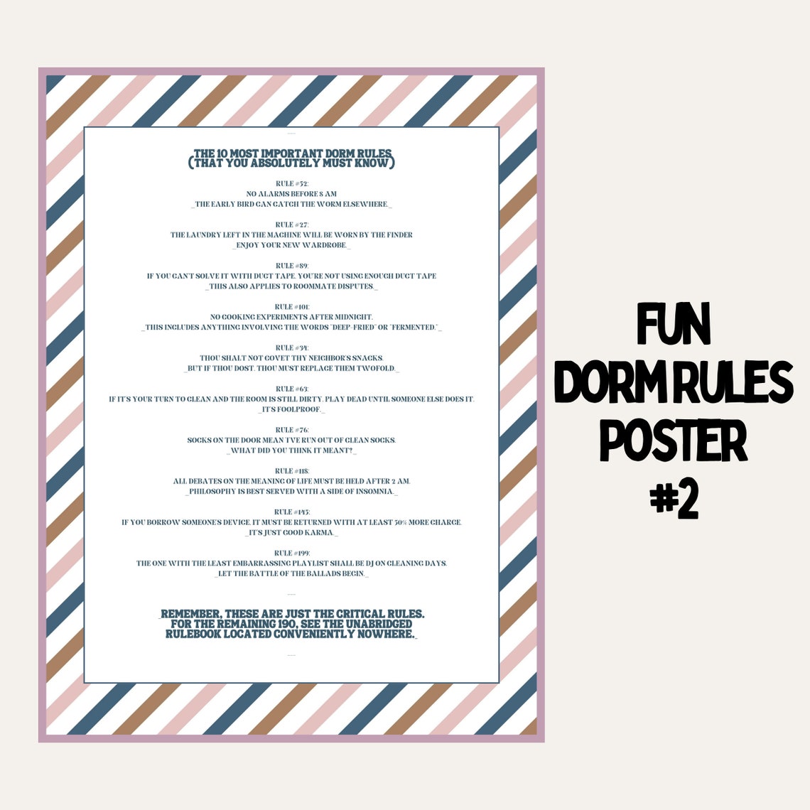 Dorm Poster Retro Stripes Dorm Rules Poster Navy Neutral Fun Rules ...