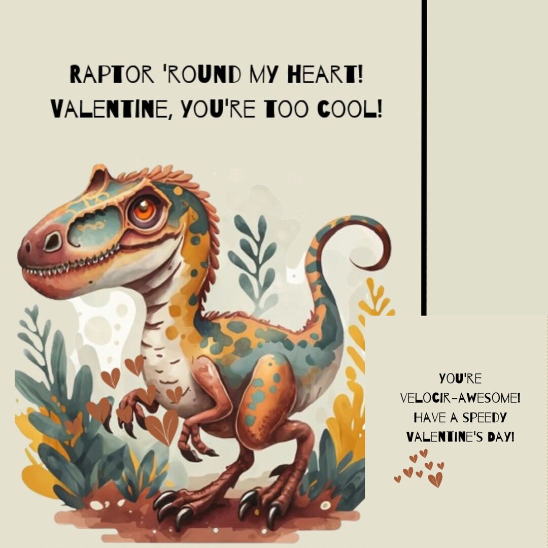 Printable Velociraptor Dinosaur Valentine Cards for Kids 4 up per Page ...