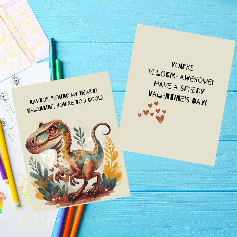 Printable Velociraptor Dinosaur Valentine Cards for Kids 4 up per Page ...