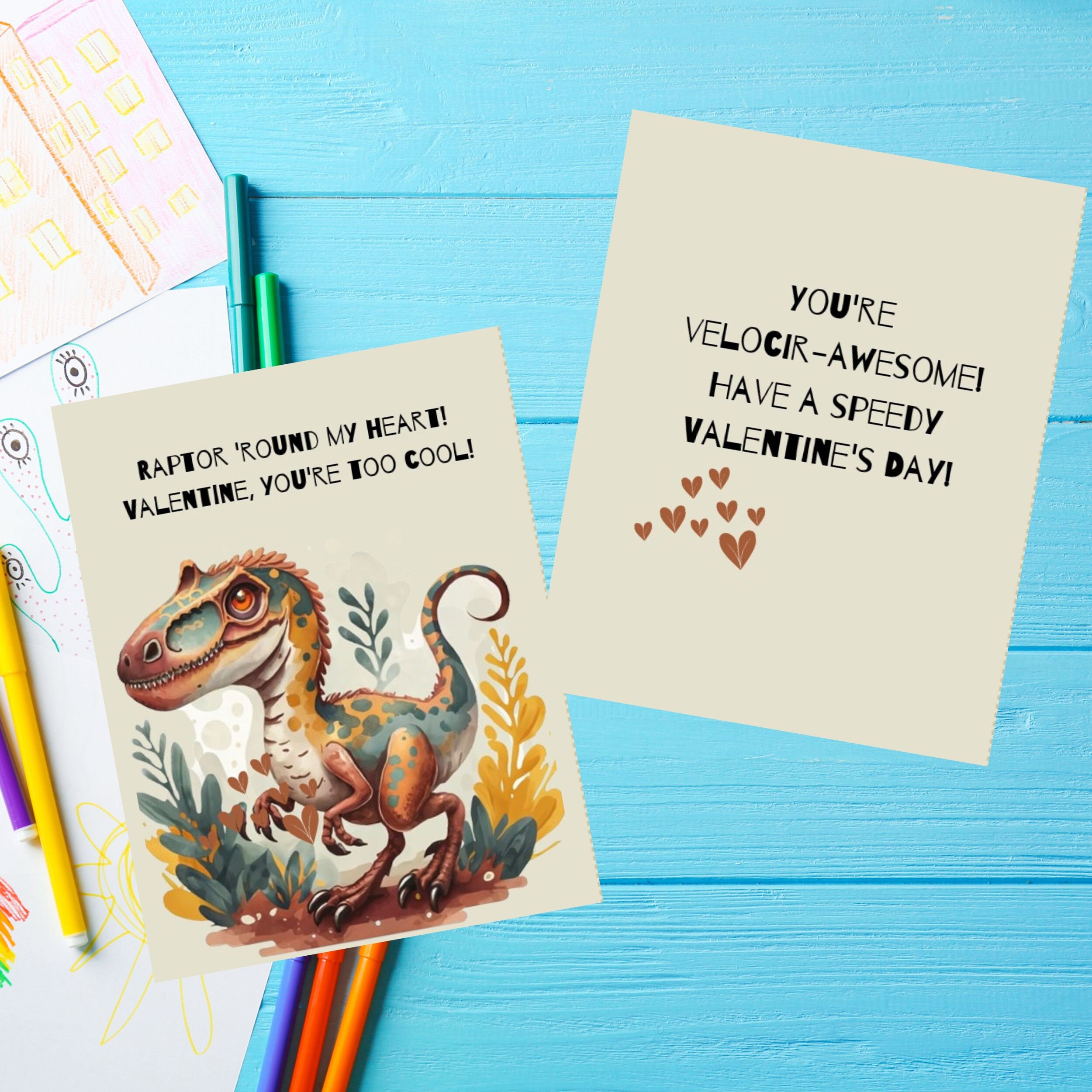 Printable Velociraptor Dinosaur Valentine Cards for Kids 4 up per Page ...