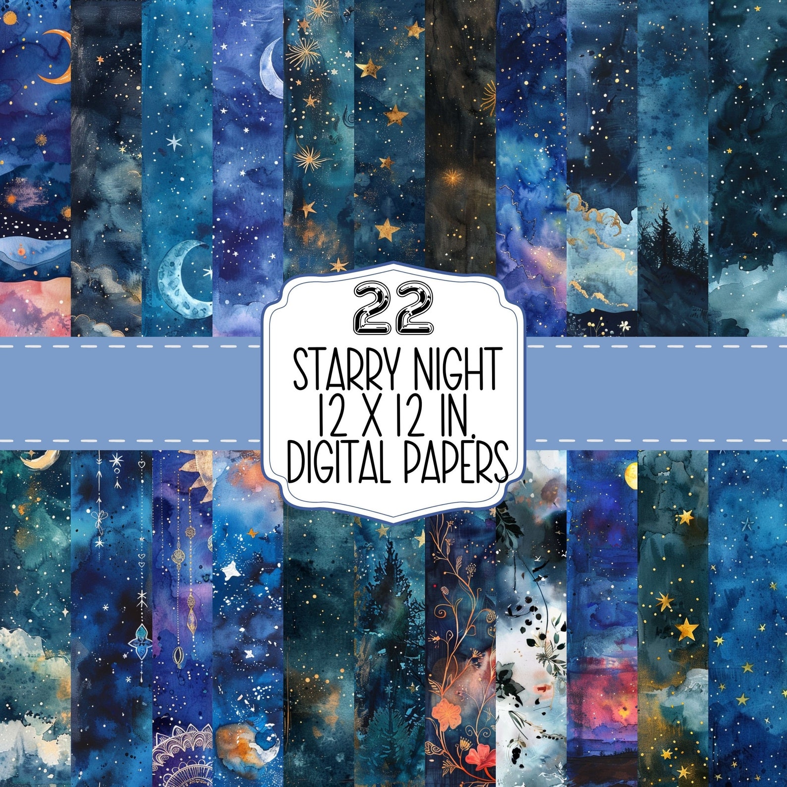 Blue Starry Night Digital Paper Pack Celestial Patterns Junk Journal ...