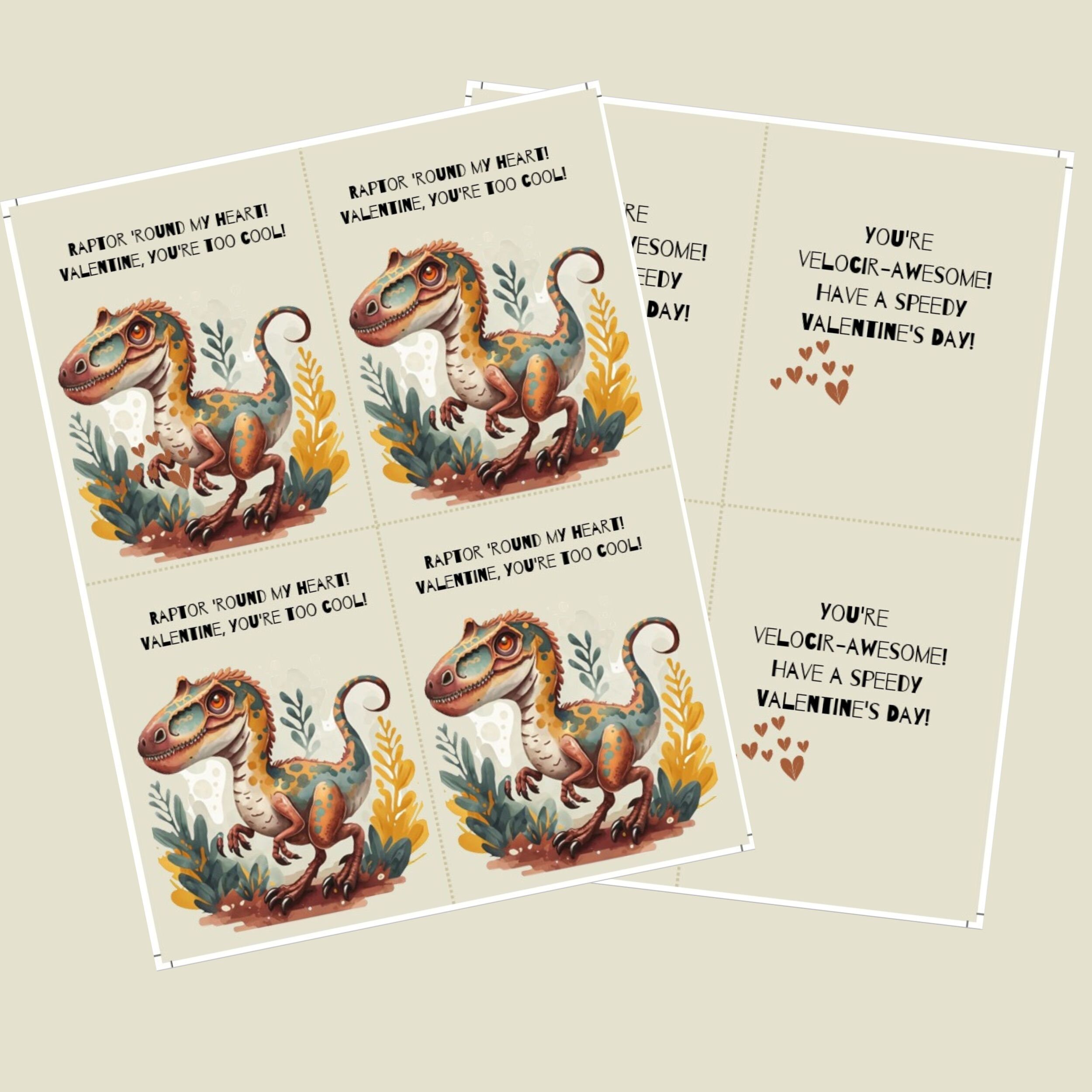 Printable Velociraptor Dinosaur Valentine Cards for Kids 4 up per Page ...