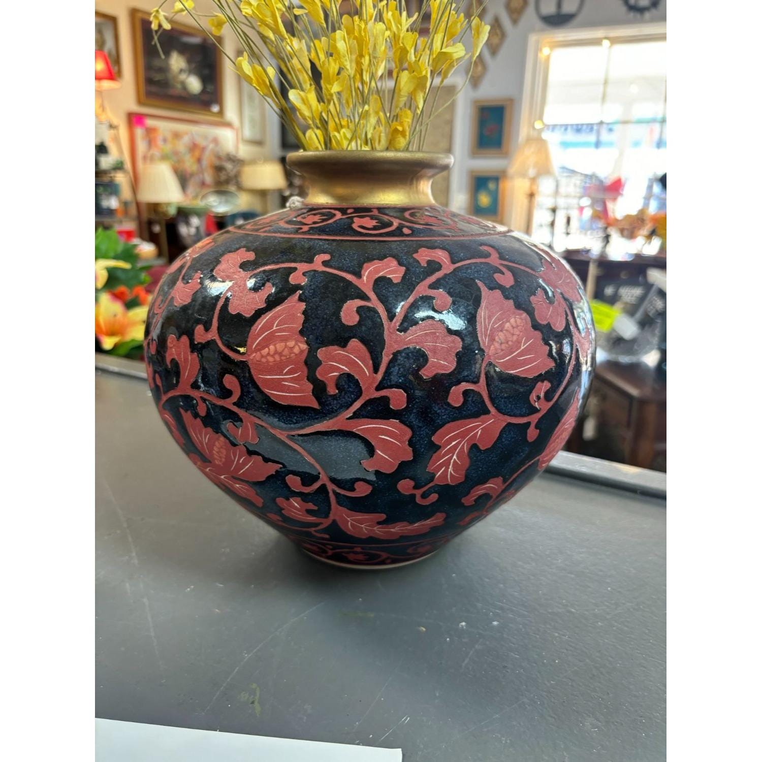 Vintage Hand Etched Black and Red Floral Porcelain Round Vase - Etsy