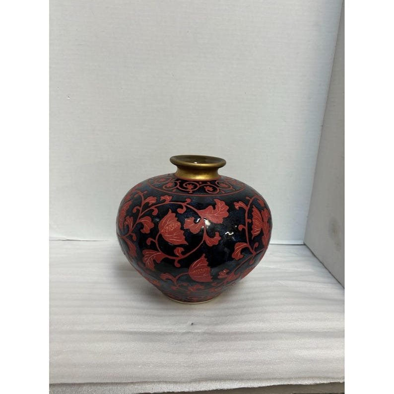 Vintage Hand Etched Black and Red Floral Porcelain Round Vase - Etsy