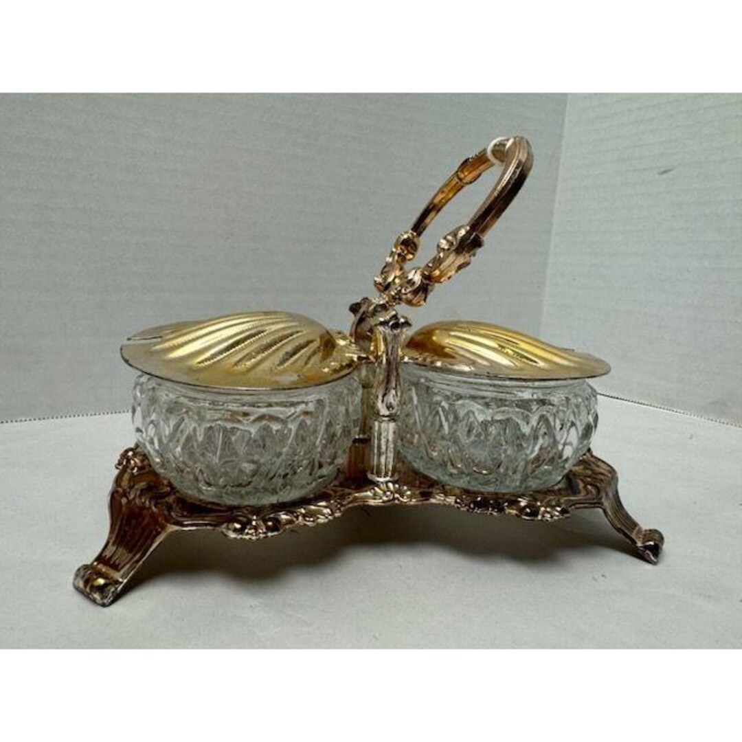 Vintage Gold and Glass Condiment Holder With Ornate Stand & Lids - Etsy
