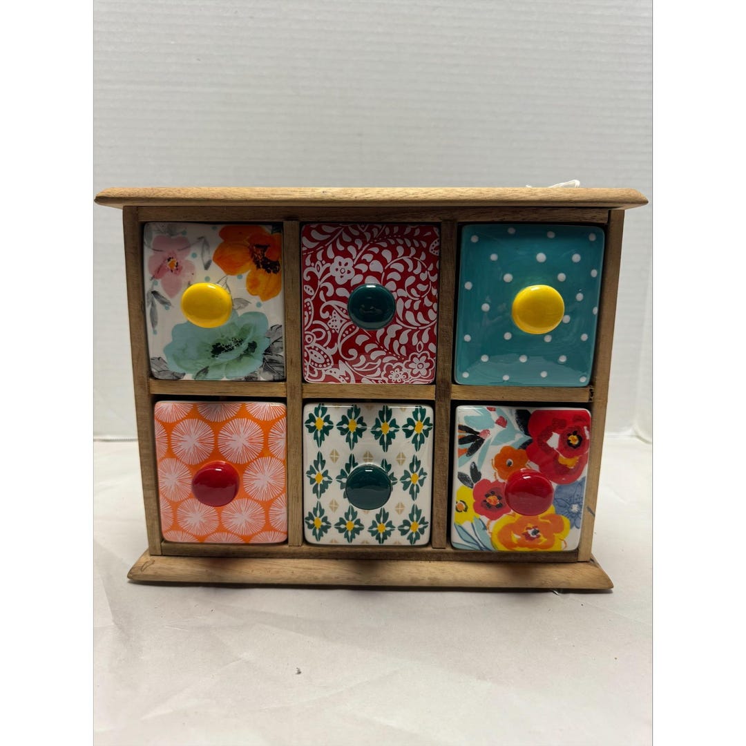 The Pioneer Woman Wooden Spice Drawer Box With Colorful Ceramic Drawers ...