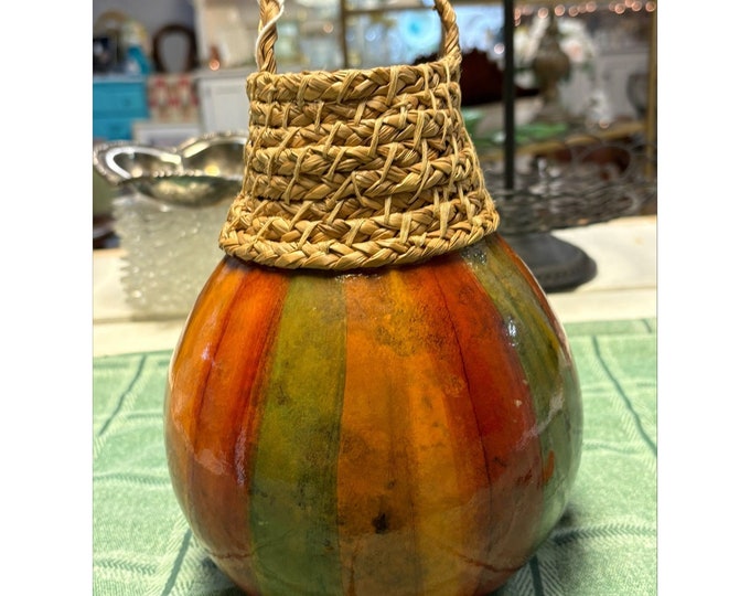 Handmade Vintage Basket Woven Handle Gourd 7'' Across 11'' Height Jug ...