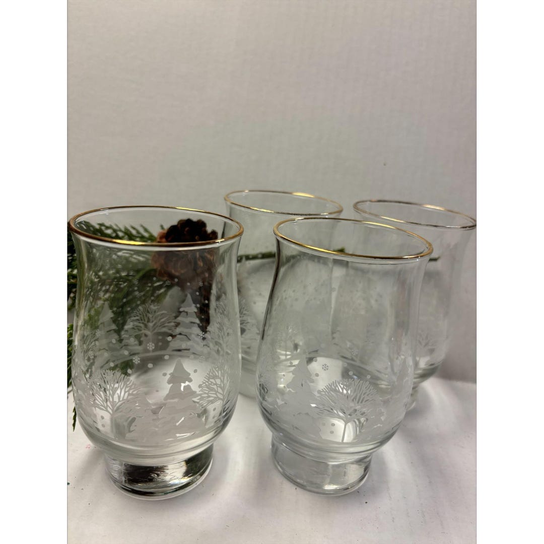 Set of 4 Libby Christmas Winter White Gold Rimmed Pine Trees Etched ...