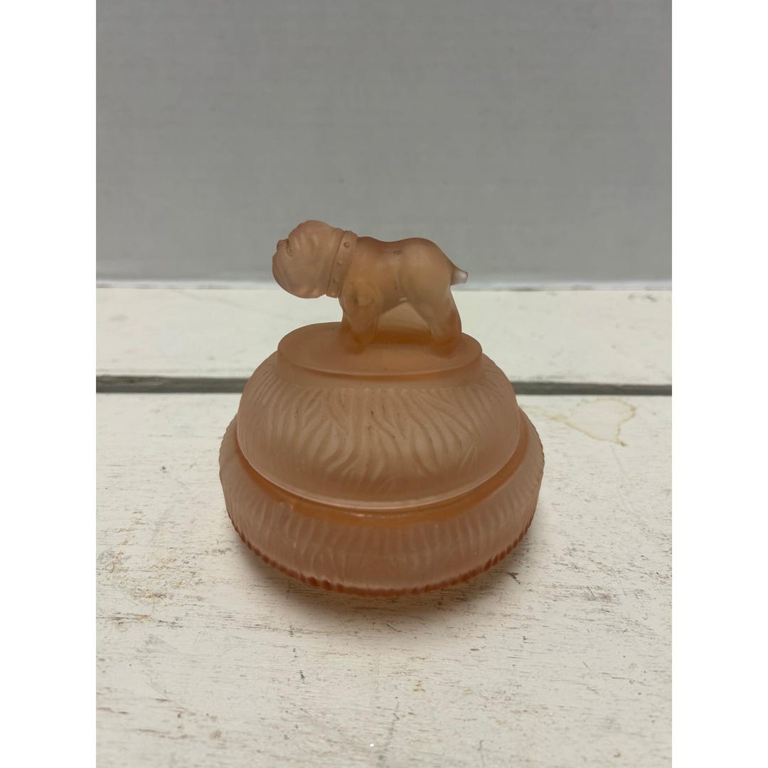 Vintage Pink Frosted Glass Bulldog Trinket Box Lid & Base - Etsy