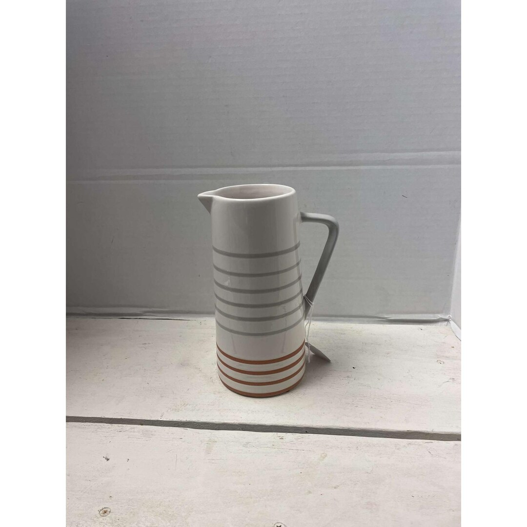 Vintage Striped Ceramic Pitcher With Orange & Gray Bands - Etsy