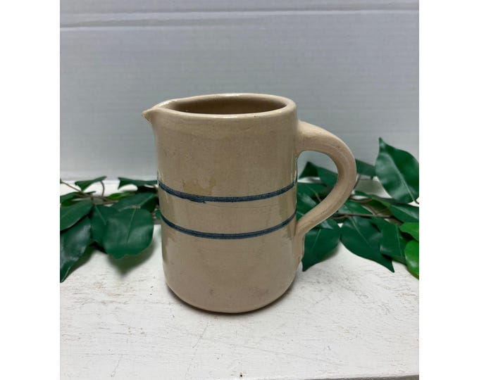 Vintage Beige Ceramic Pitcher With Blue Stripes - Etsy