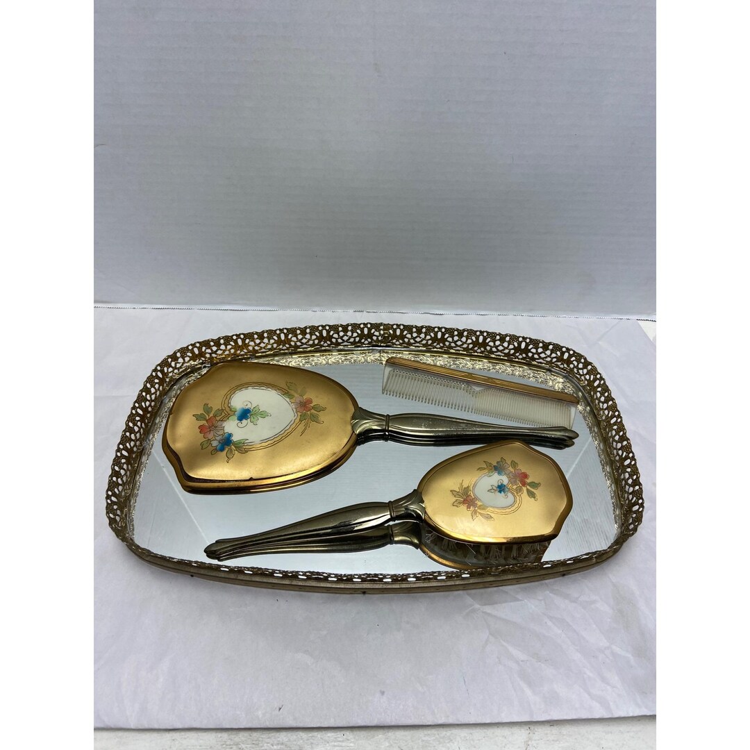 Vintage Gold Vanity Set With Mirror Brush & Comb on Ornate Tray 4pc Set - Etsy