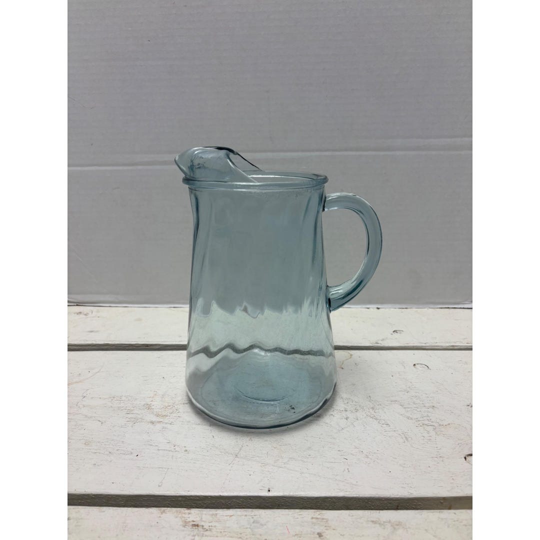 Vintage Handblown Blue Glass Water Pitcher With Handle - 8" Tall - Etsy
