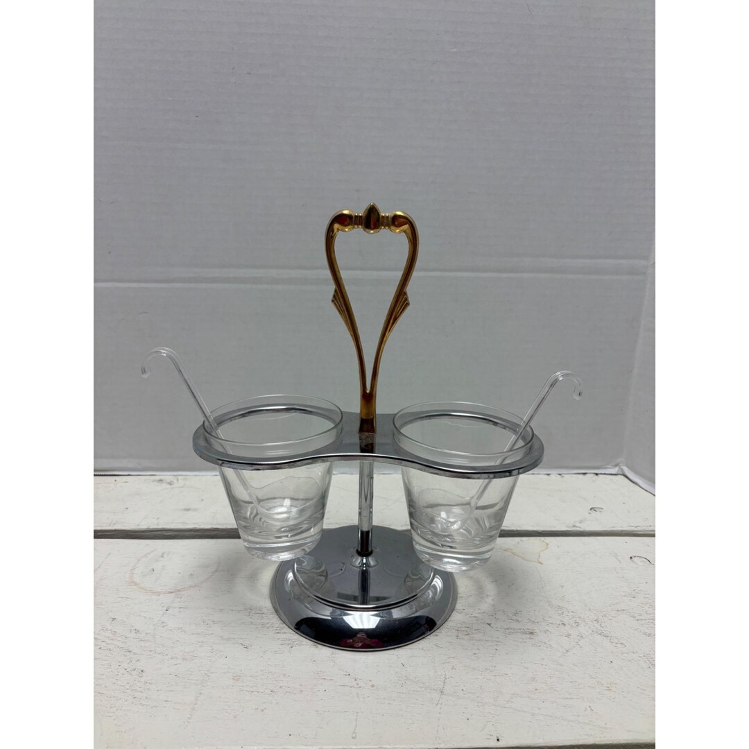 Vintage Kromex Glass Condiment Server With Chrome Stand & Gold Handle ...