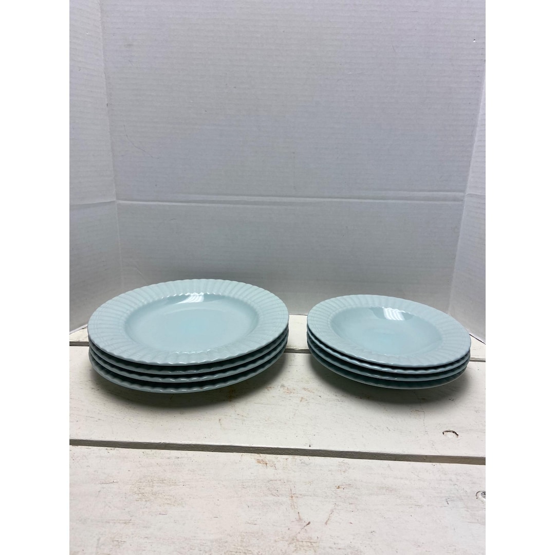Set of 8 Light Blue Ribbed Ceramic Plates - 4 Dinner & 4 Salad - Etsy
