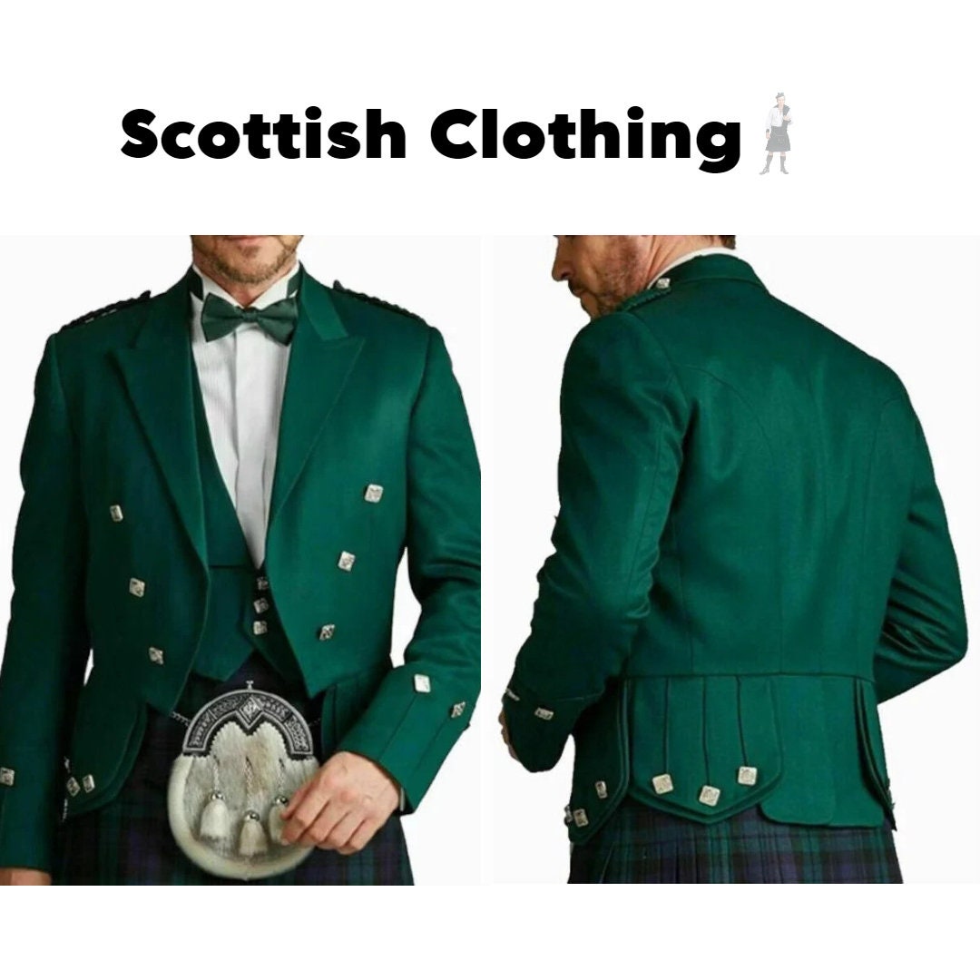 Handmade Green Prince Charlie Kilt Jacket With Waistcoat Scottish Mens ...