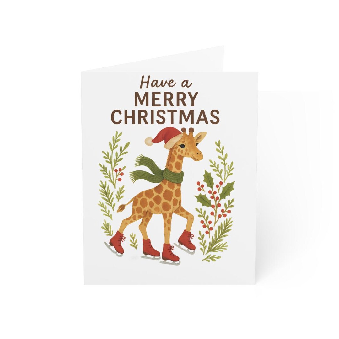 Giraffe Ice Skating Christmas Card Set Premium Greeting Card Holiday ...