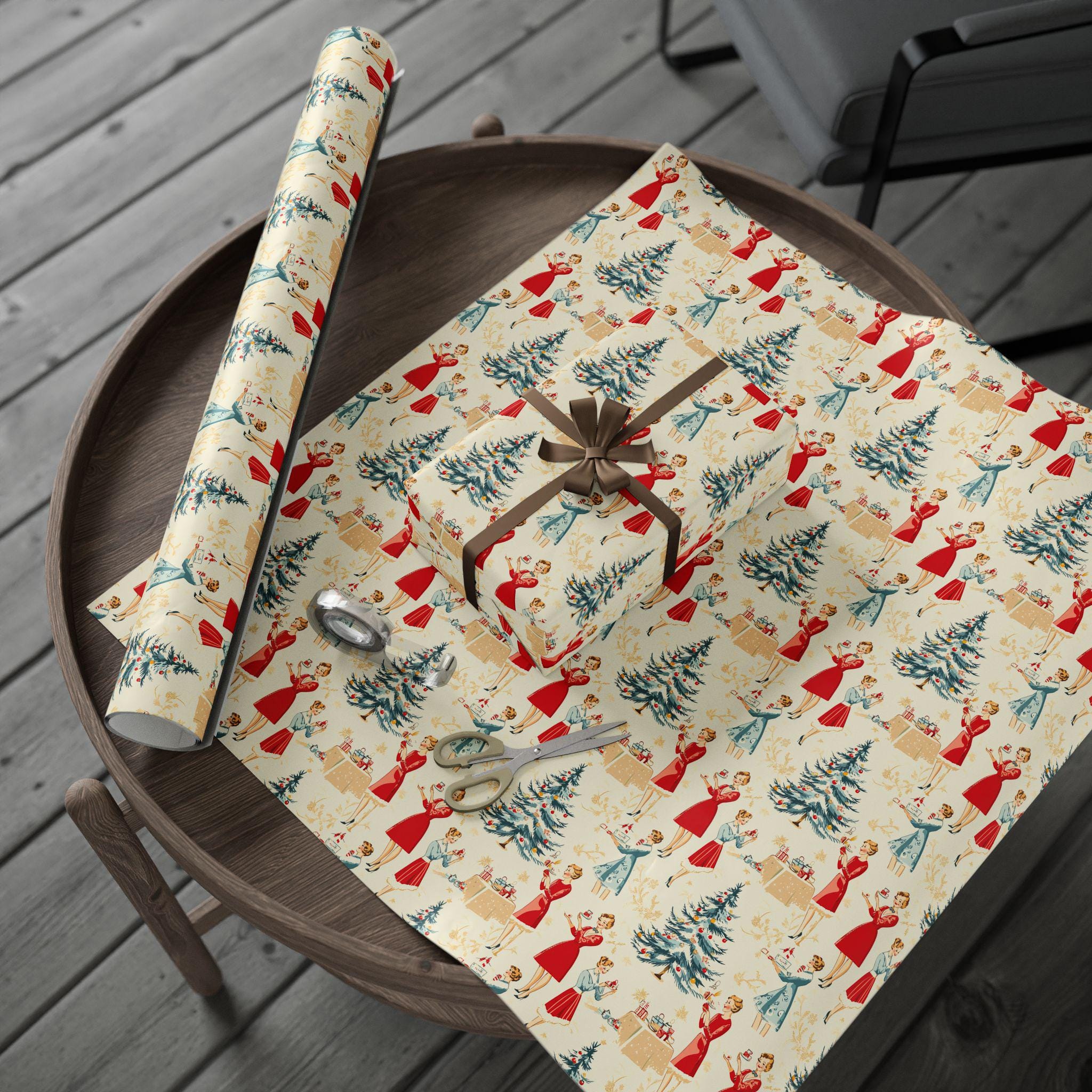 Vintage Holiday Wrapping Paper Retro Gift Wrap Christmas Tree Gift Wrap ...