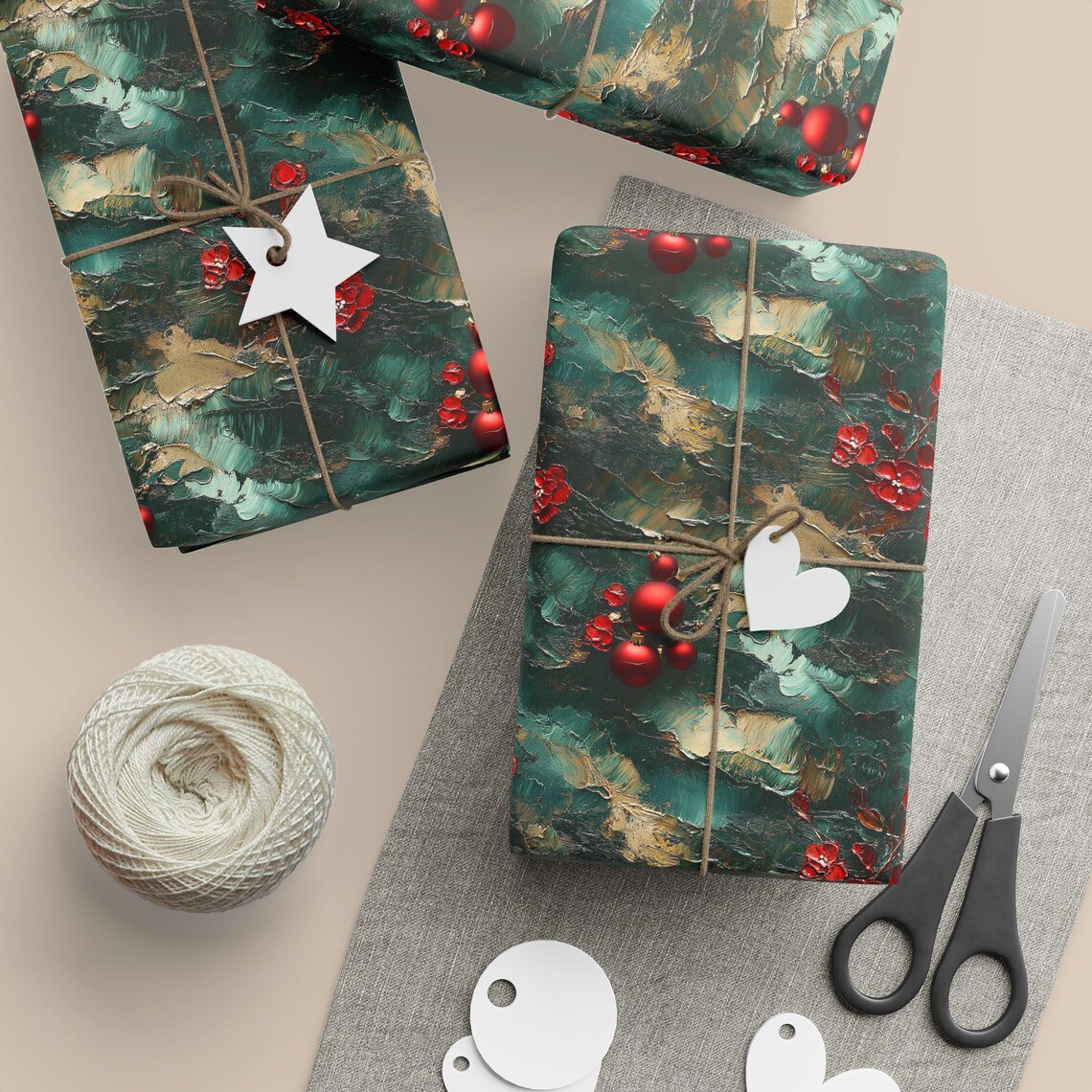 Elegant Floral Christmas Wrapping Paper: Red Flowers, Green Teal, Gold ...
