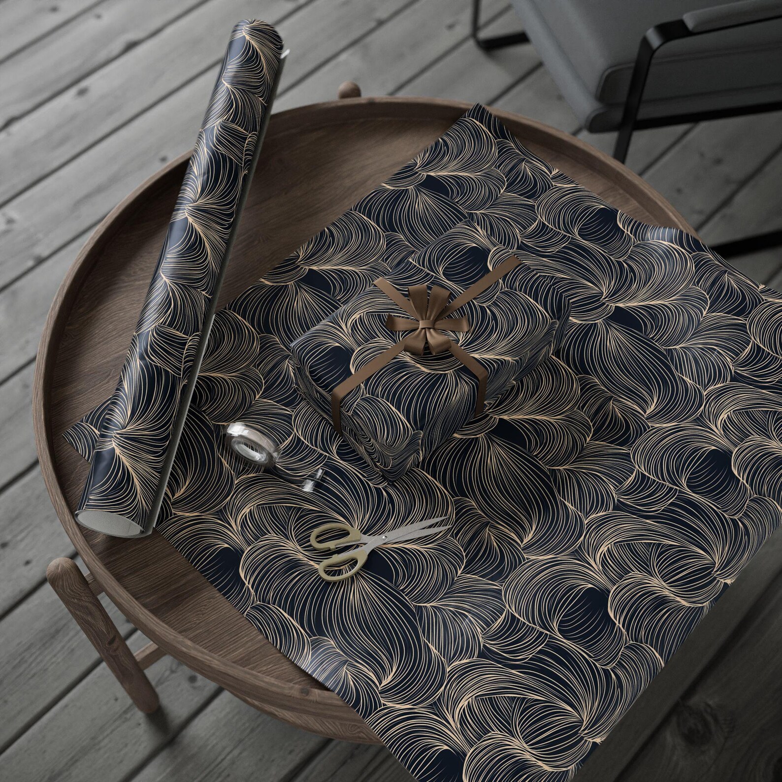 Navy Wrapping Paper Elegant Paper Blue Flowing Line Trendy Gift Wrap ...