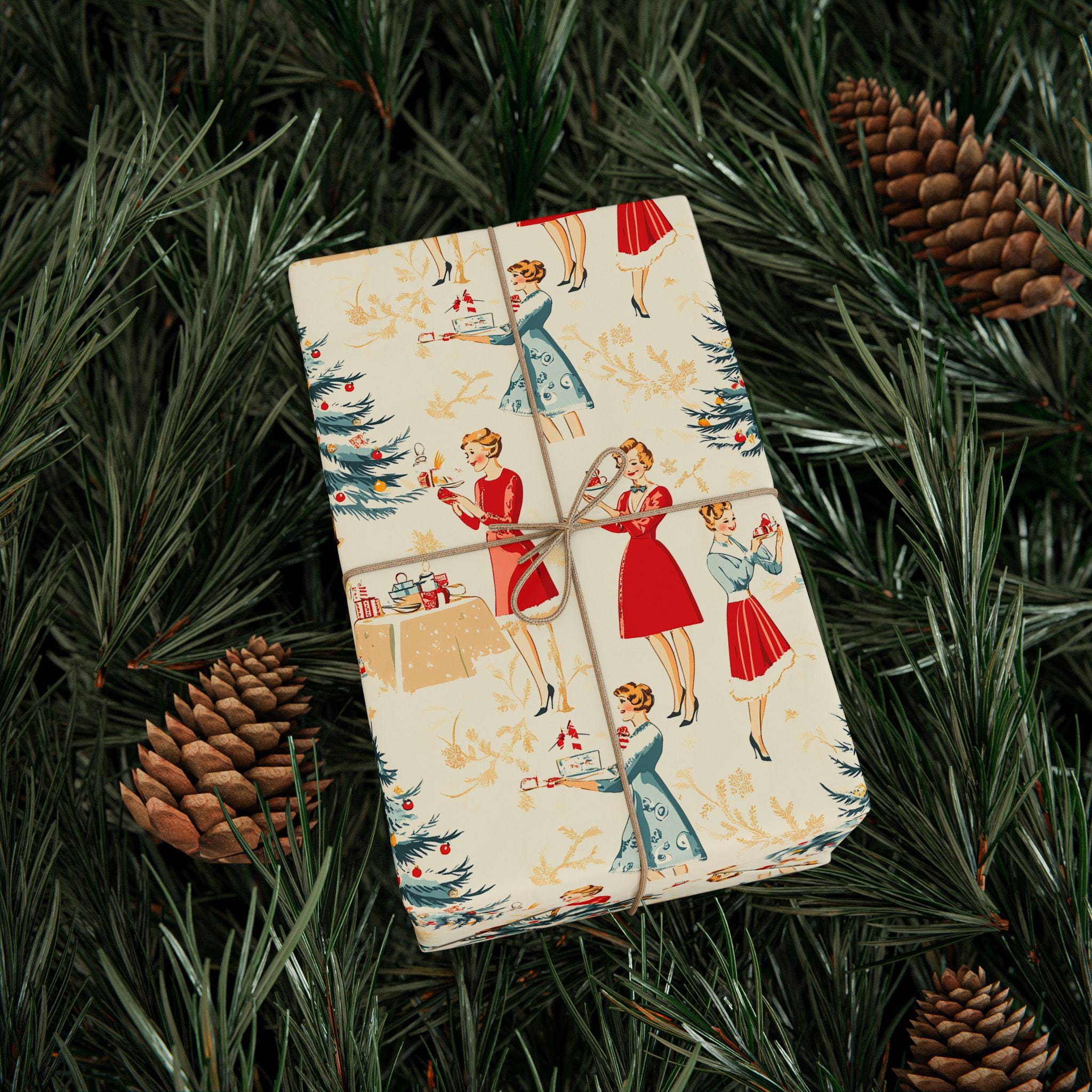 Vintage Holiday Wrapping Paper Retro Gift Wrap Christmas Tree Gift Wrap ...