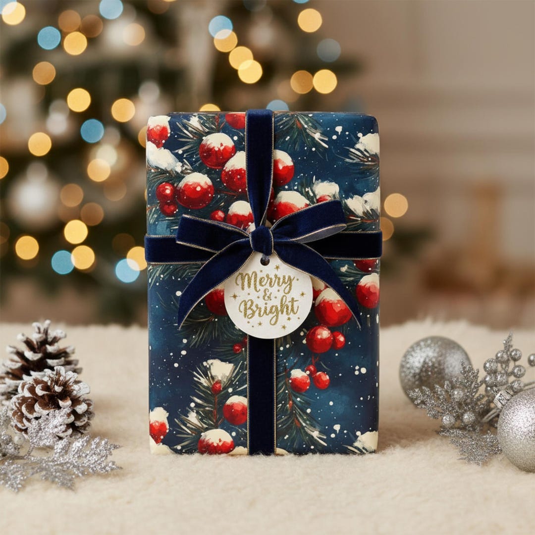 Christmas Winter Berry Pine Wrapping Paper: Snowy Dark Blue Gift Wrap ...