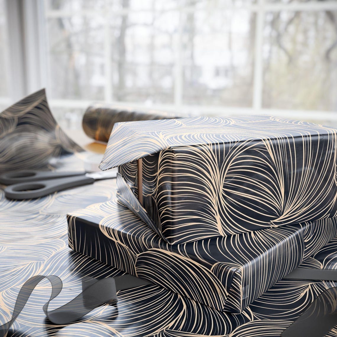 Navy Wrapping Paper Elegant Paper Blue Flowing Line Trendy Gift Wrap ...