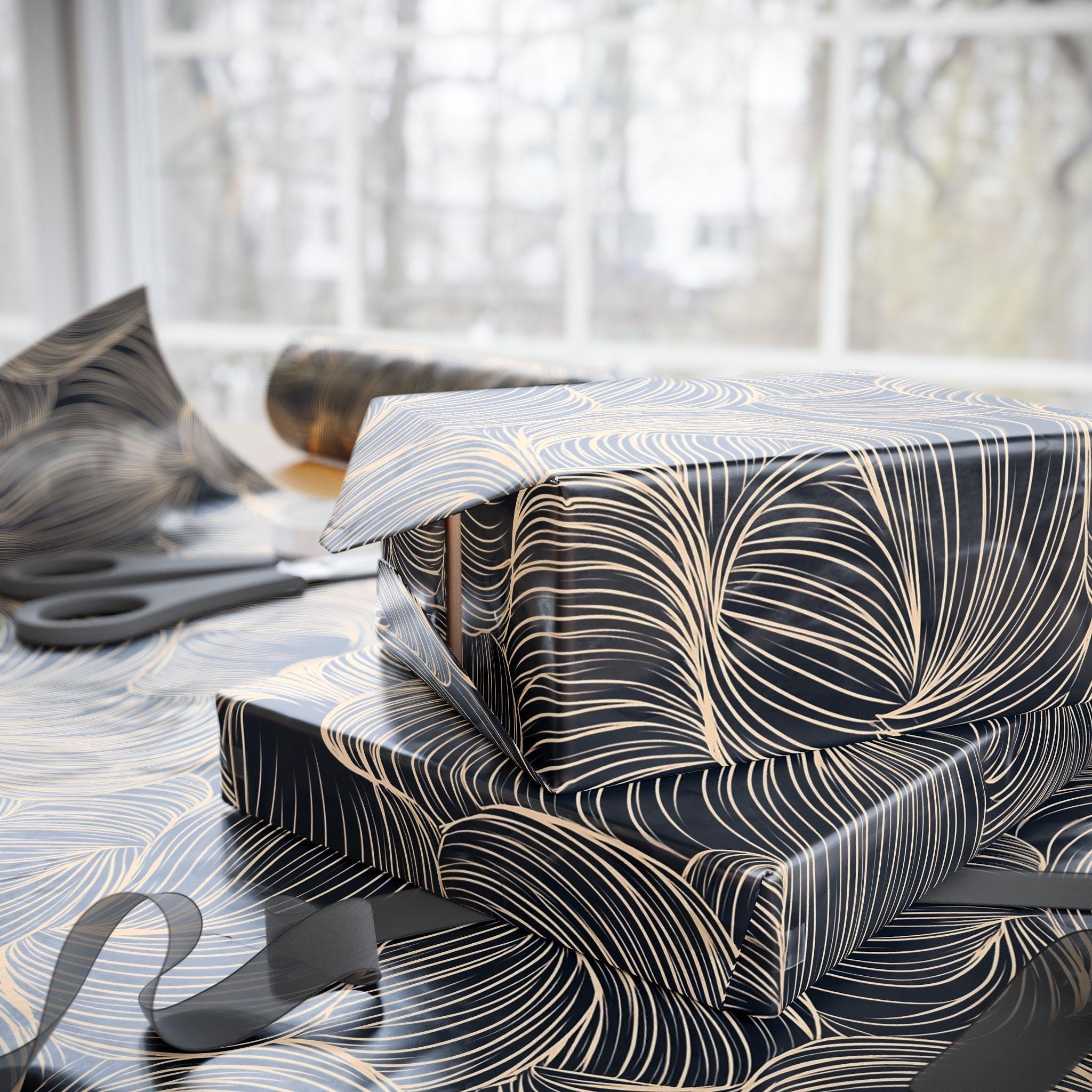 Navy Wrapping Paper Elegant Paper Blue Flowing Line Trendy Gift Wrap ...