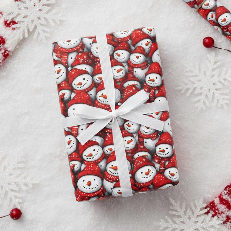 Cute Snowman Christmas Wrapping Paper: Red Winter Gift Wrap Roll - Etsy
