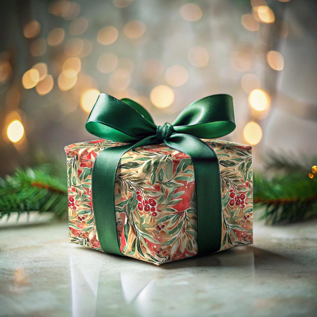 Botanical Wrapping Paper Christmas Gift Wrap Holiday Plant Festive ...