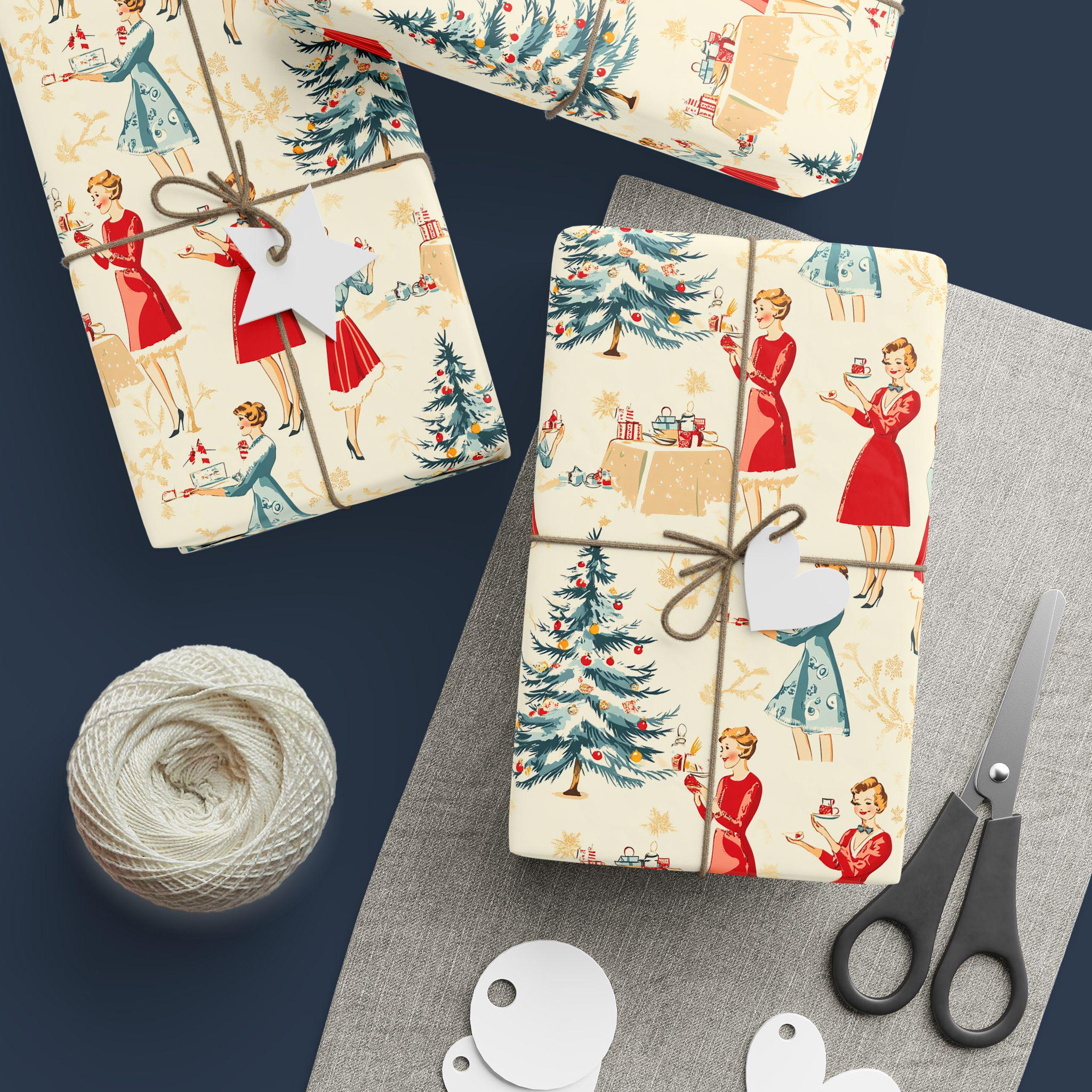 Vintage Holiday Wrapping Paper Retro Gift Wrap Christmas Tree Gift Wrap ...
