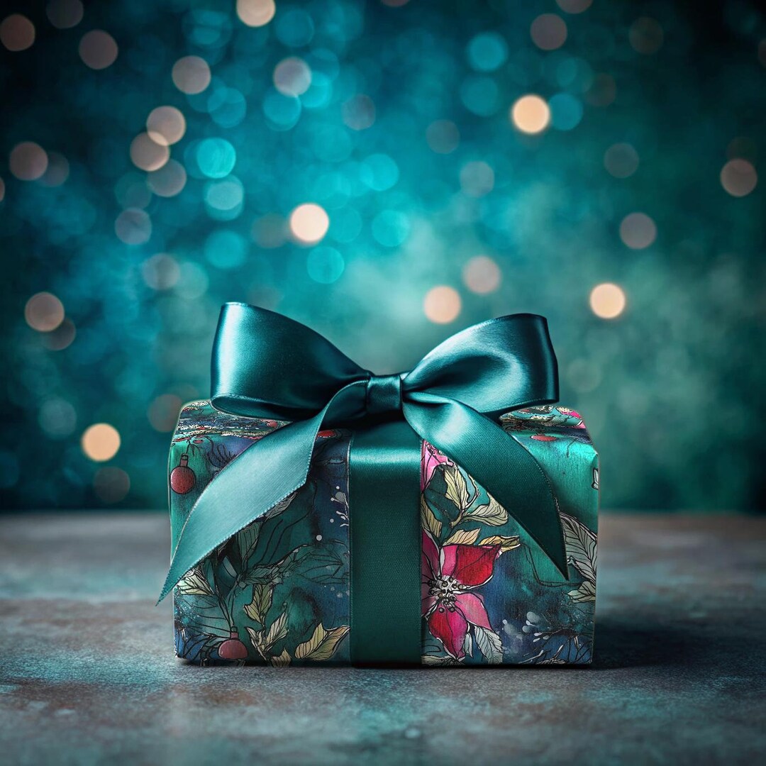 Floral Watercolor Wrapping Paper Christmas Gift Wrap Teal Poinsettia ...