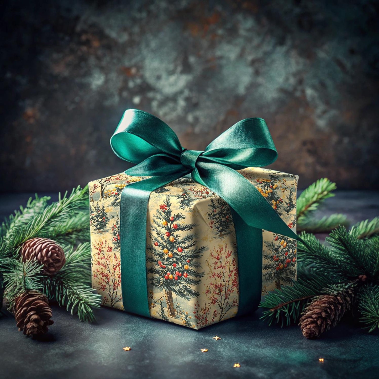 Vintage Christmas Wrapping Paper Holiday Gift Wrap Festive Trees Retro ...