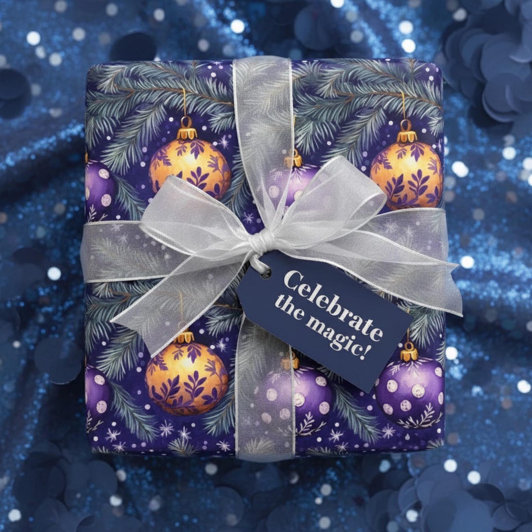 Luxury Christmas Wrapping Paper: Blue, Gold Ornaments & Pine - Etsy