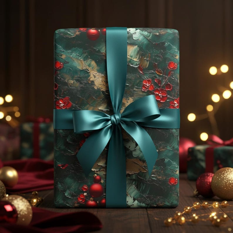 Elegant Floral Christmas Wrapping Paper: Red Flowers, Green Teal, Gold ...