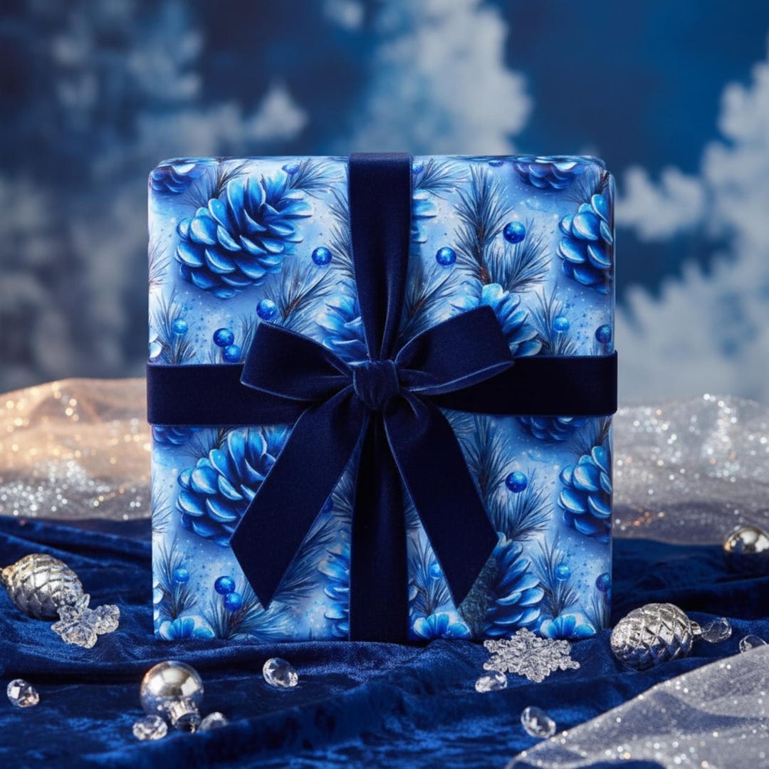 Blue Pine Cone Winter Wrapping Paper: Holiday Gift Wrap Festive Design ...