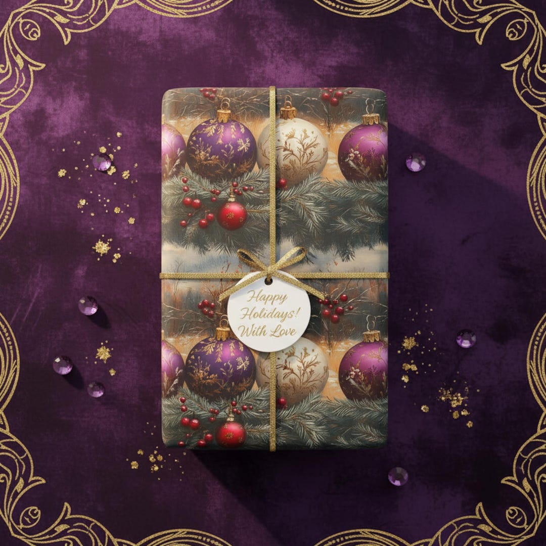 Rustic Christmas Ornaments Wrapping Paper, Woodland Pine & Berries Gift ...